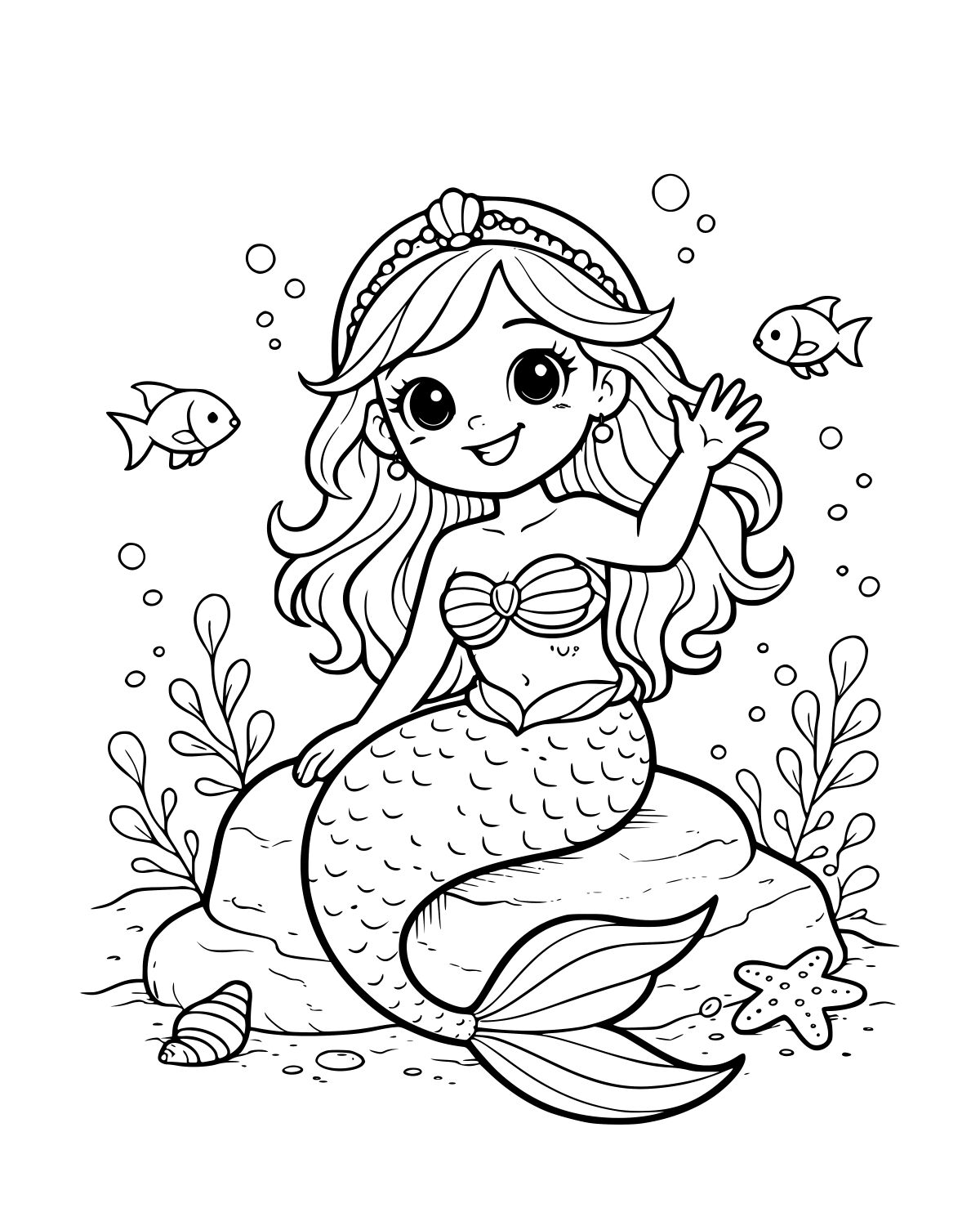 Smiling Mermaid Underwater coloring page for kids