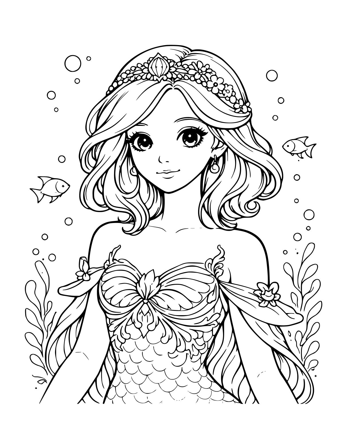 Flower Crown Mermaid coloring page for kids & teens