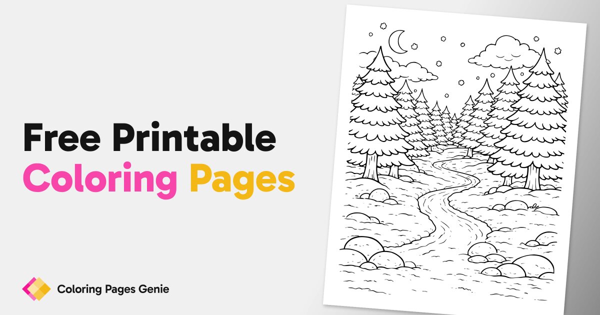 Moonlit Pine Forest Path Coloring Page for Kids
