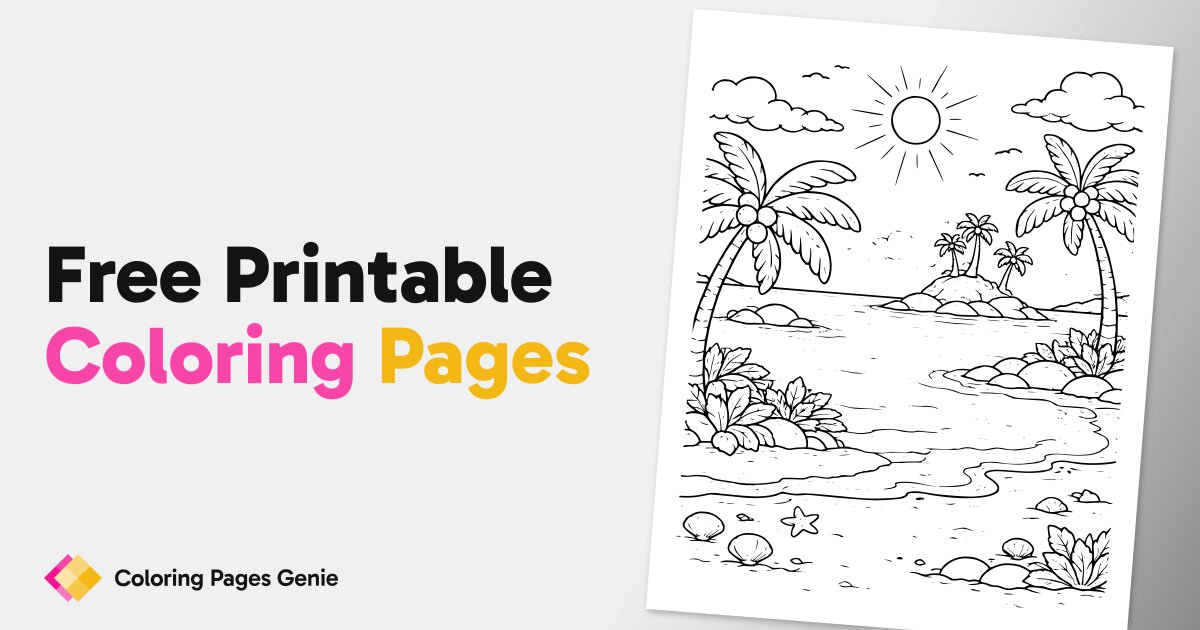 Tropical Beach Paradise Coloring Page for Kids & Adults