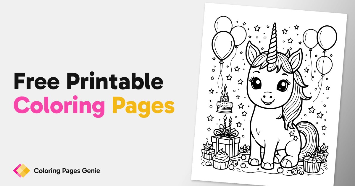Birthday Party Unicorn Coloring Page for Kids