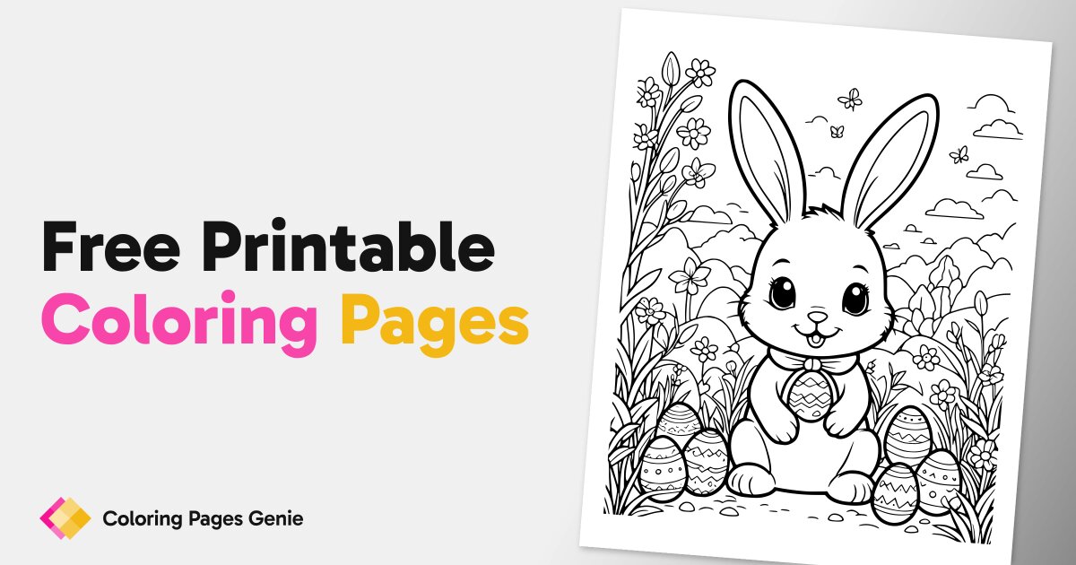 Cute Easter Bunny Coloring Page with Eggs and Flowers
