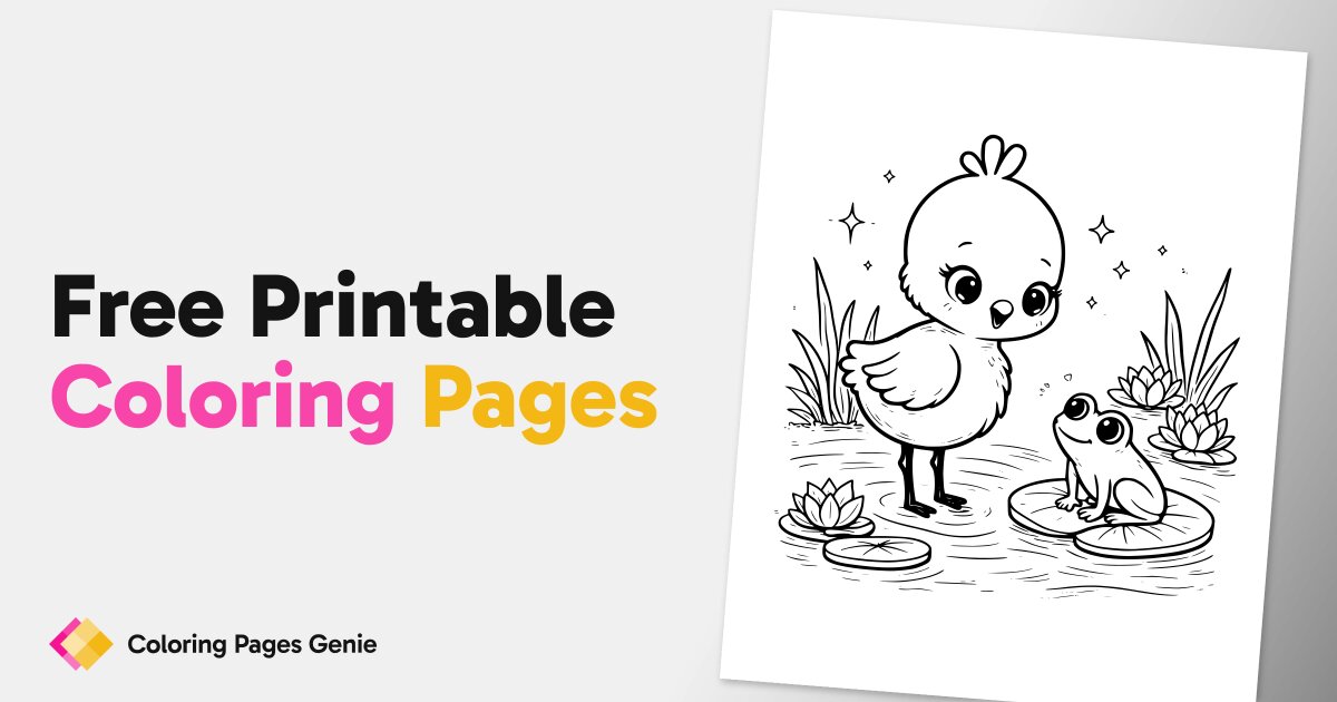 Chick and Frog Pond Coloring Page for Kids